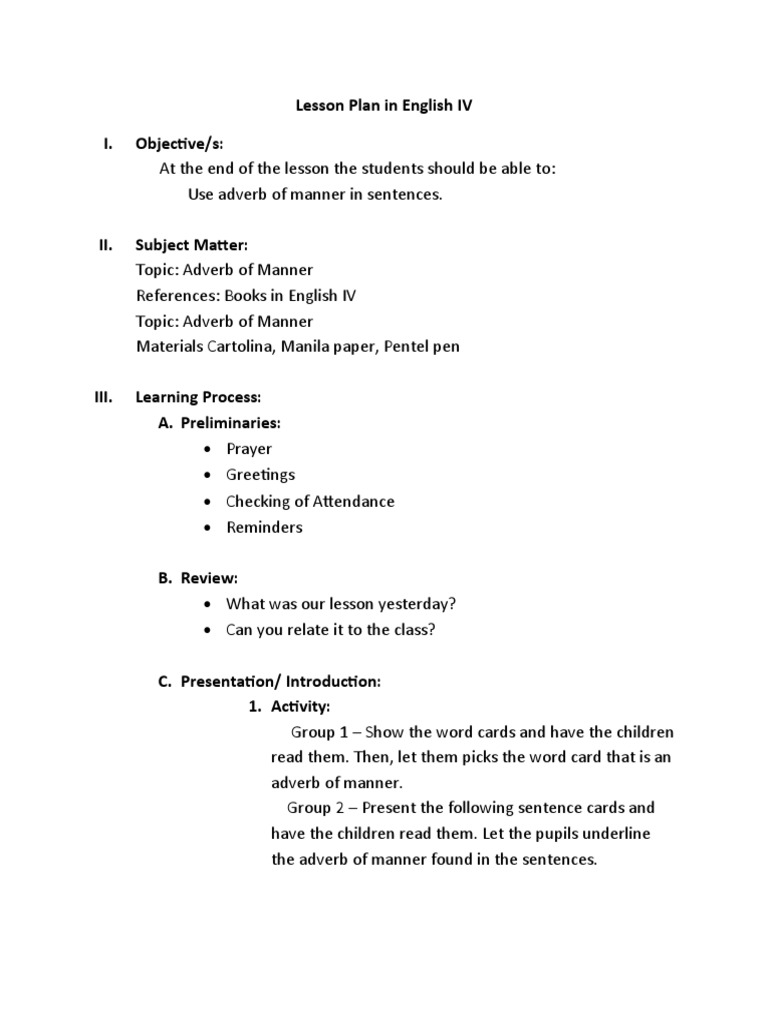 Lesson Plan in English IV | PDF | Adverb | Lesson Plan