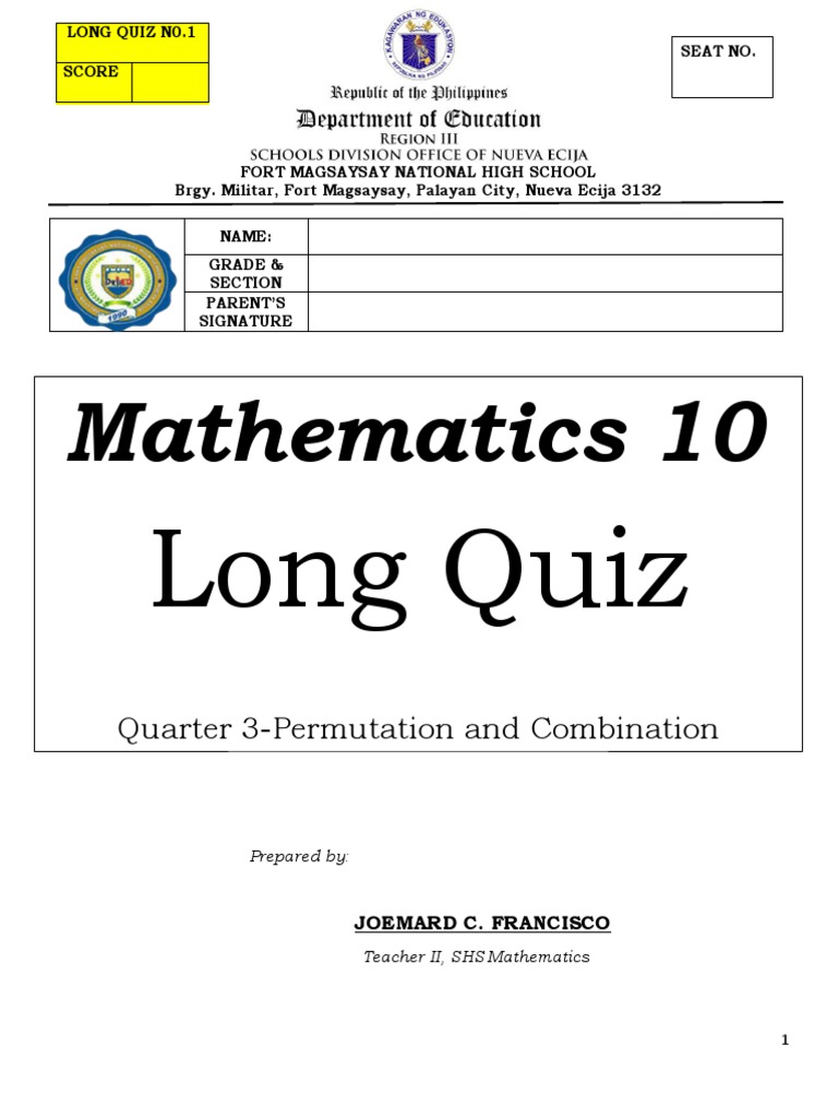 Long Quiz-Math 10 3rd Quarter March 01, 2023 | PDF