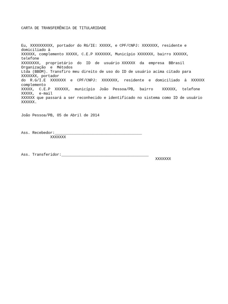 Modelo de Carta de Transferencia de Titularidade | PDF | Direito