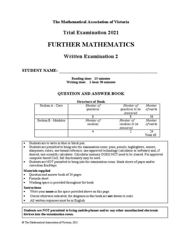 2021 Further Mathematics Trial Exam 2 | PDF | Teaching Methods & Materials