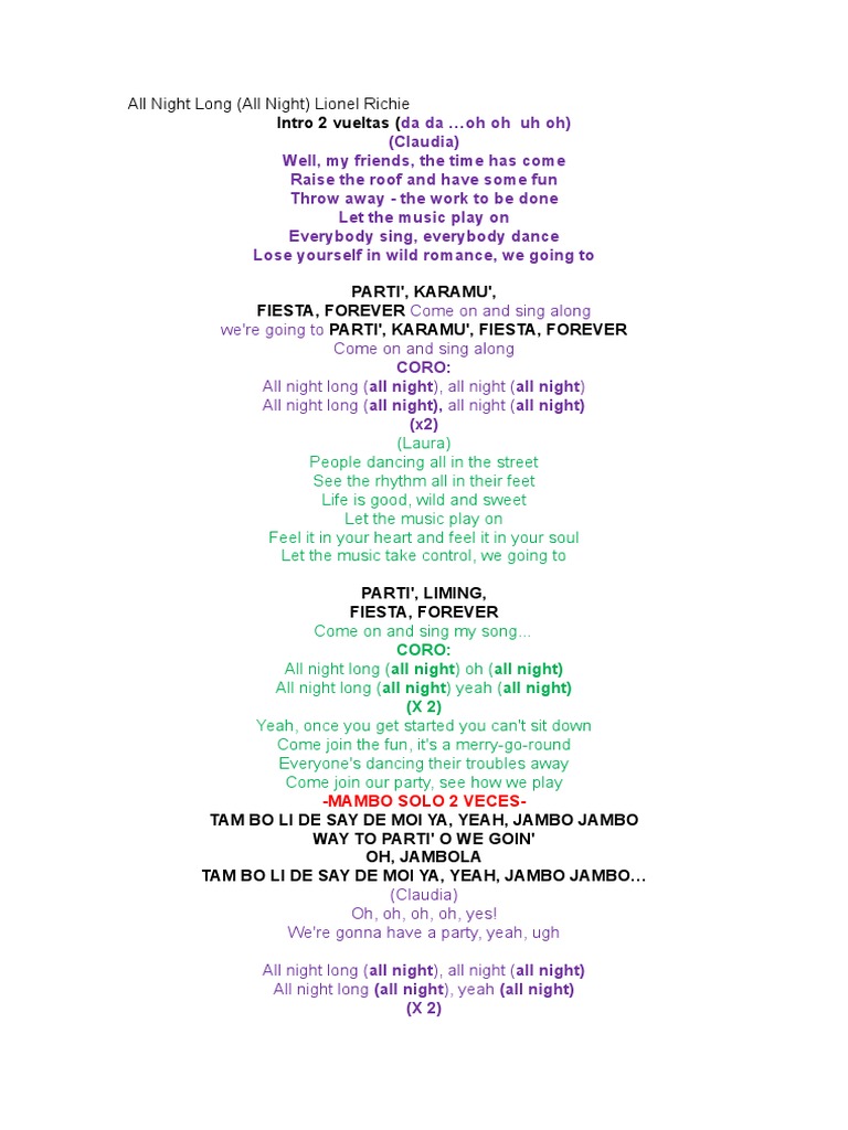 Lionel Richie's All Night Long Lyrics | PDF | Singles (Music) | Music