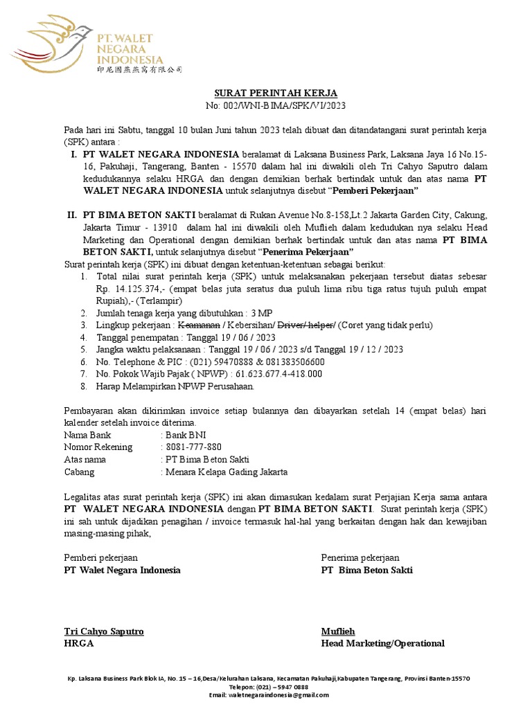 SPK PT Walet Negara Indonesia 2023 | PDF