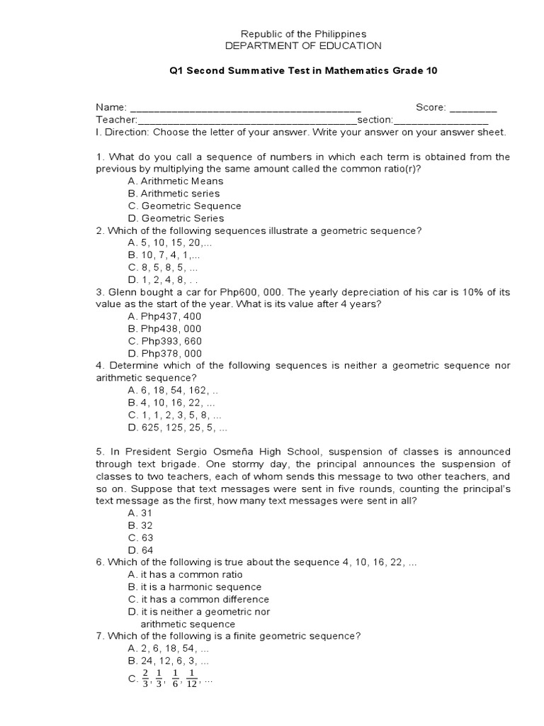 Grade 10 Math Q1 Summative Test | PDF | Function (Mathematics) | Polynomial