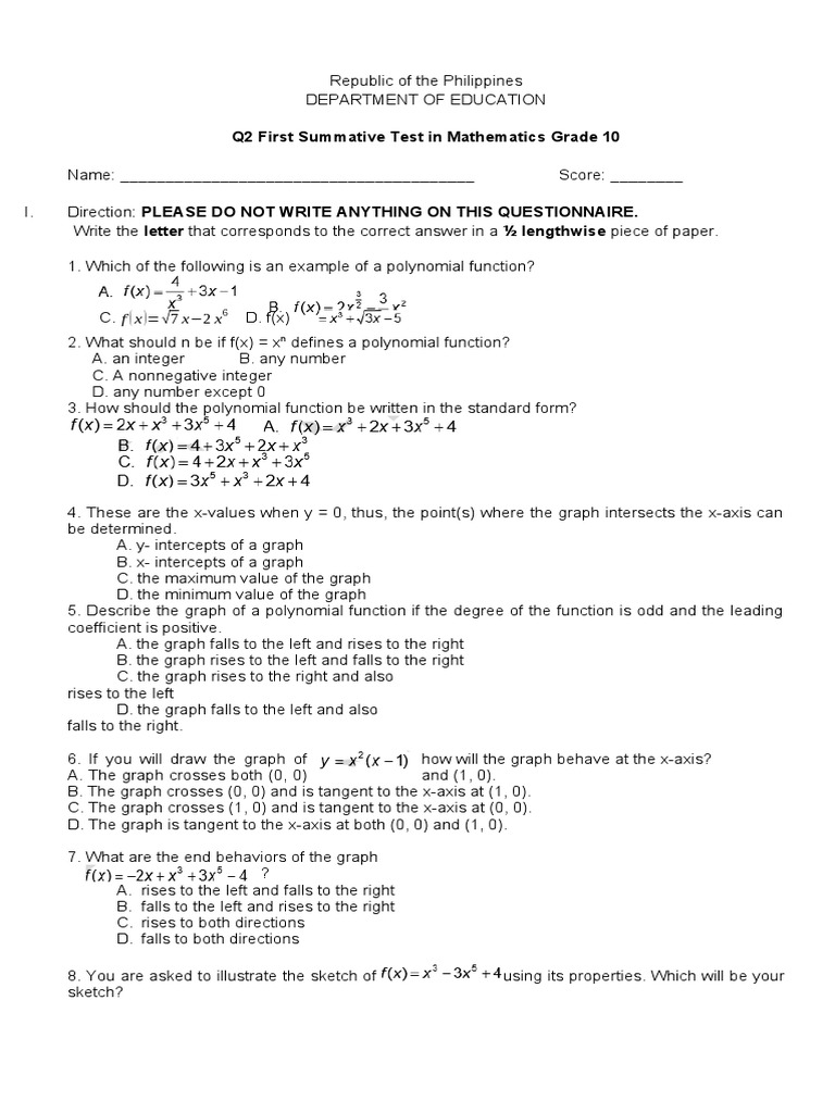 Math 10 Summative Test Quarter 2.1 - 25items | PDF | Function ...