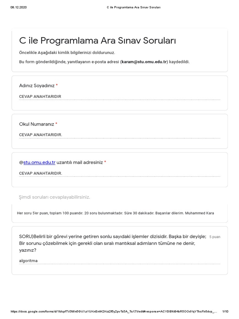 C Ile Programlama - Google Formlar | PDF