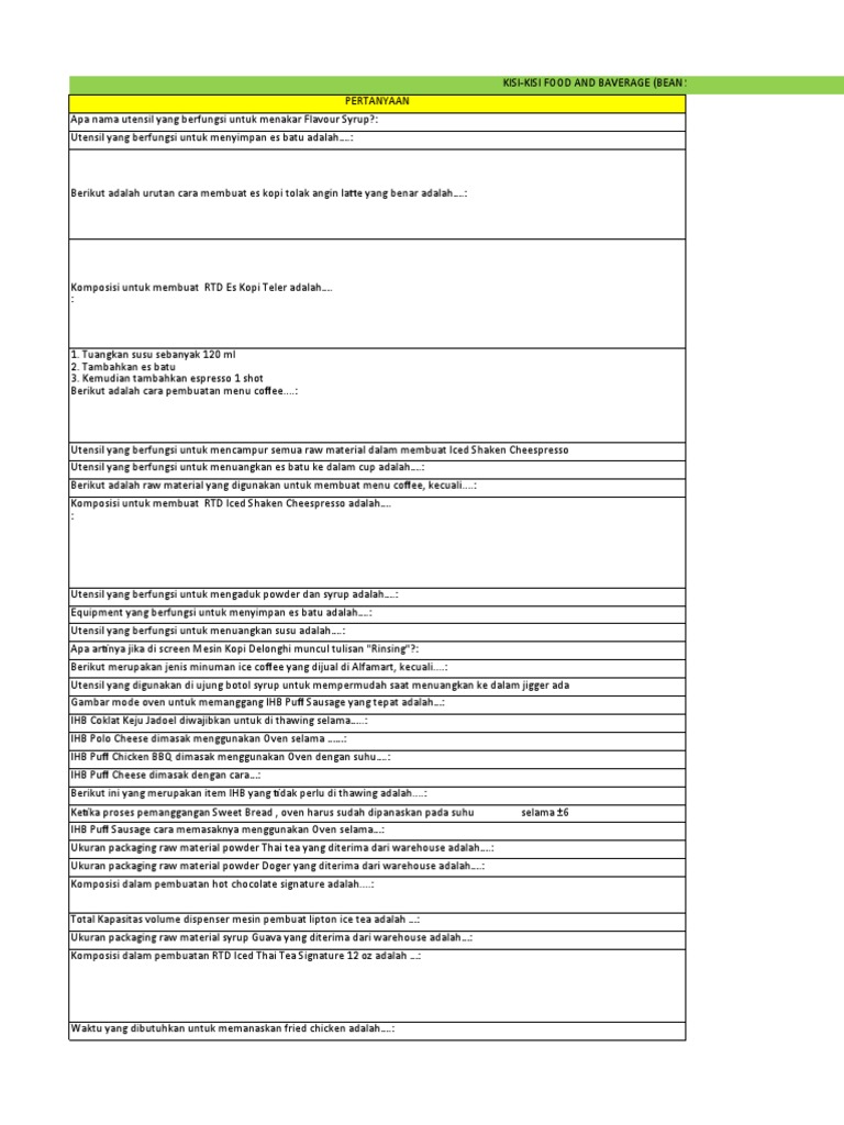 Kisi-Kisi Food and Baverage (Bean Spot) New | PDF