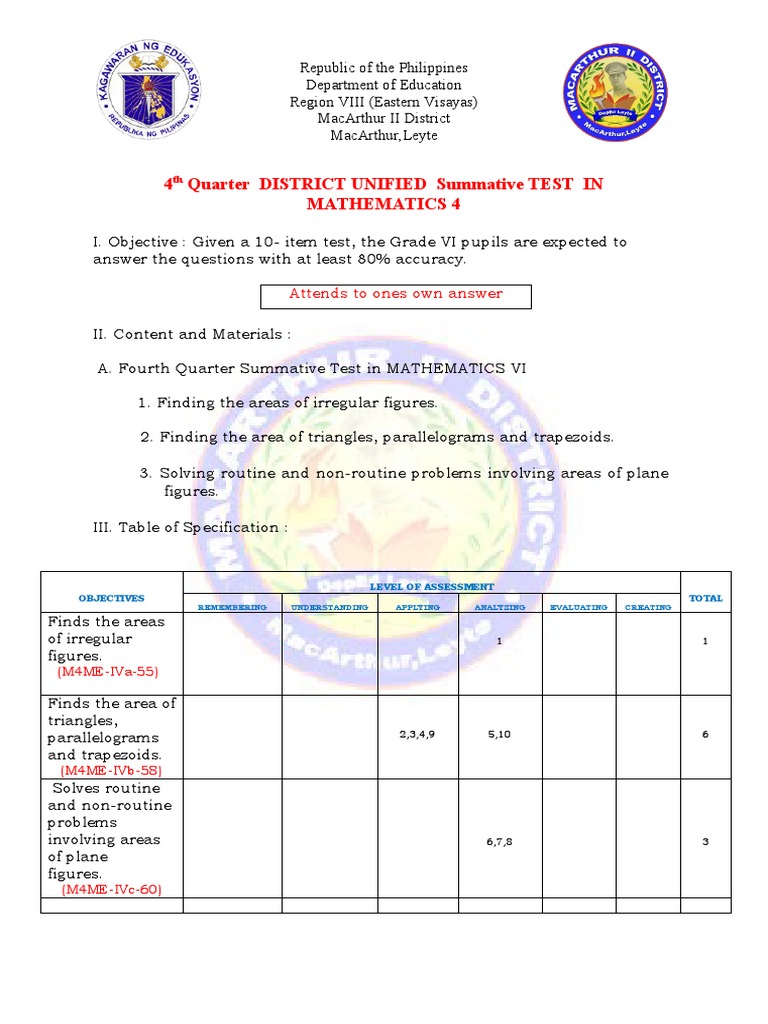 4th Quarter Math Summative Test VI | PDF | Area