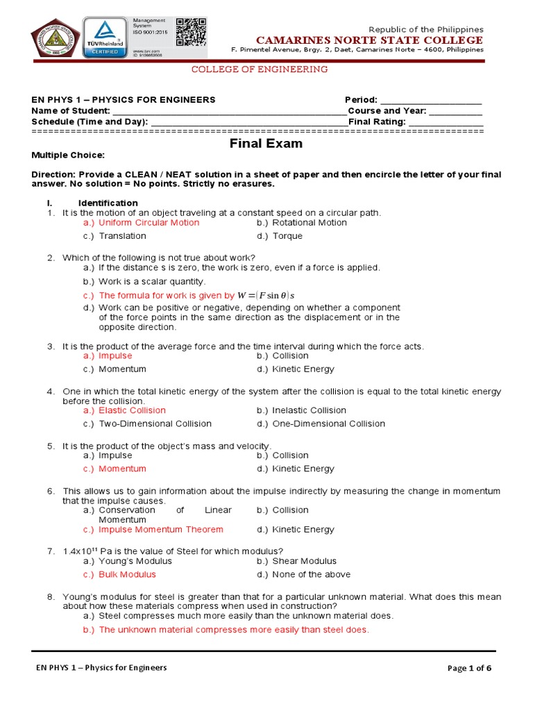 Final Exam ANSWERKEY | PDF | Rotation Around A Fixed Axis | Collision