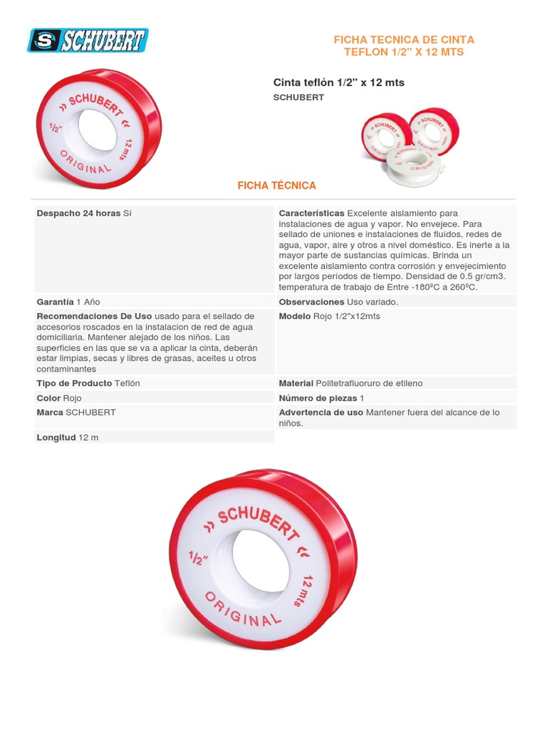 Ficha Técnica Cinta Teflón 1/2" x 12 mts | PDF