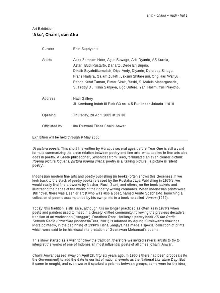 English Version - Pengantar Kuratorial Pameran Seni Rupa - Aku, Chairil ...