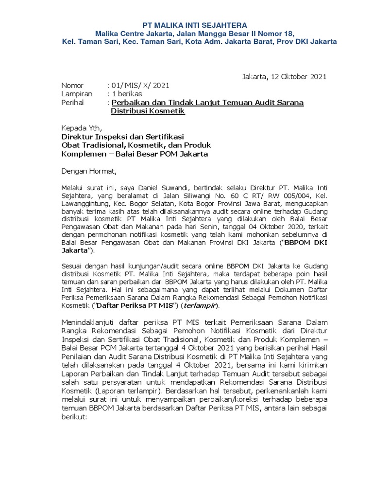 Surat Pengantar Laporan CAPA _PT MIS | PDF