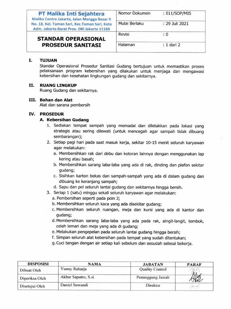 SOP 011 Sanitasi | PDF