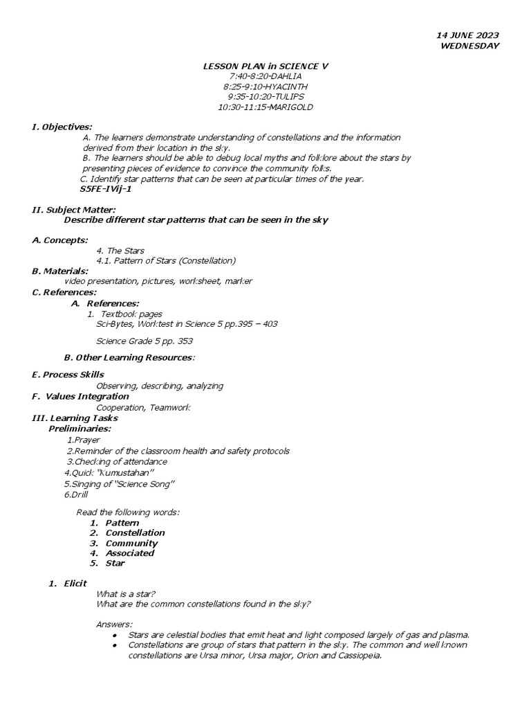Science Lesson Plan: Constellations | PDF | Constellation | Stars