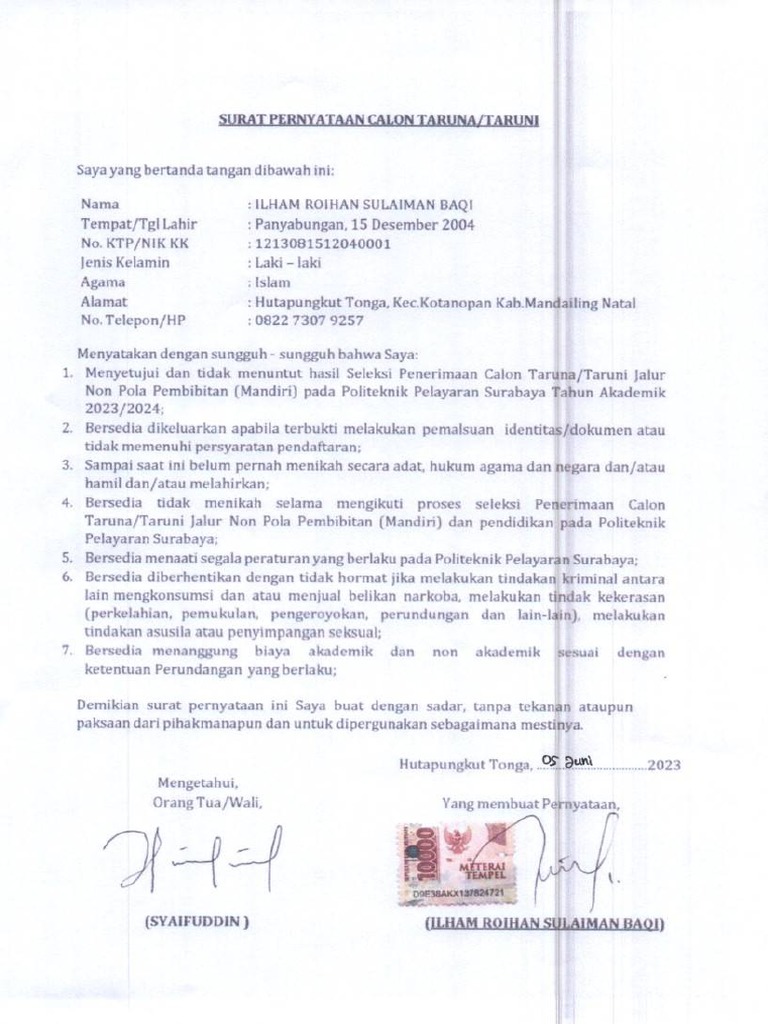 Surat Pernyataan Calon Taruna | PDF