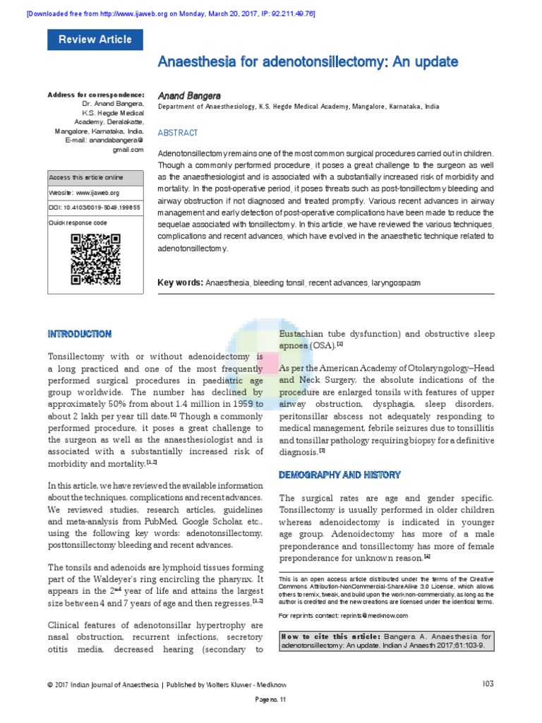 Anaesthesia For Adenotonsillectomy An Update | PDF | Anesthesia | Analgesic