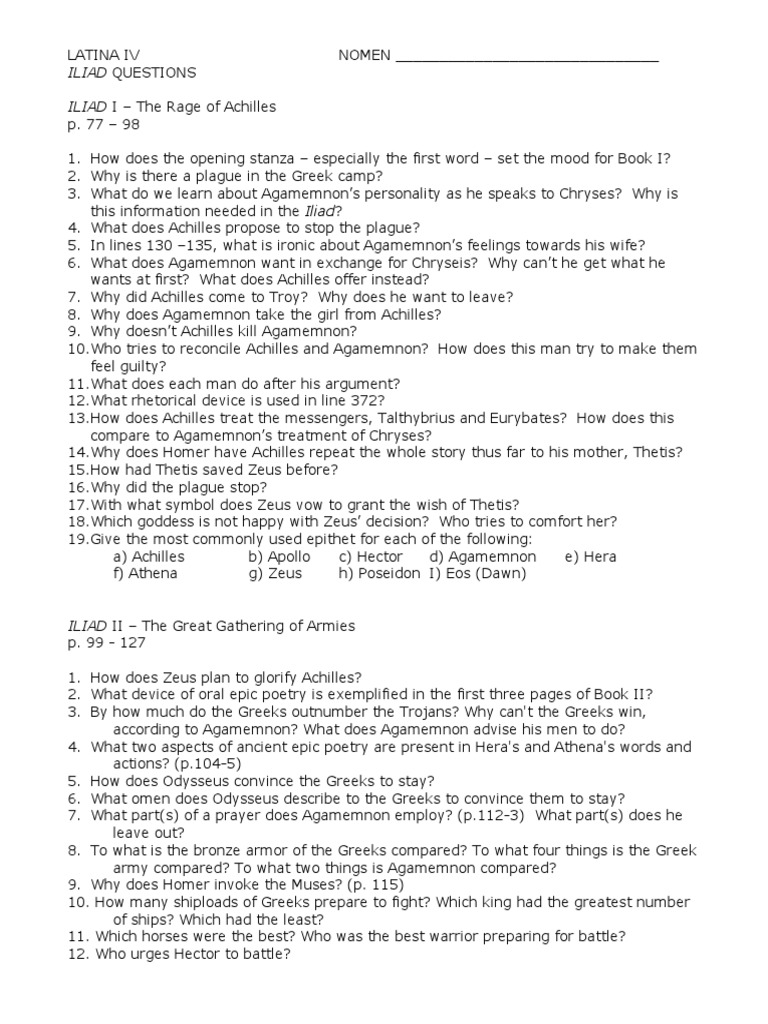 Iliad Questions | PDF