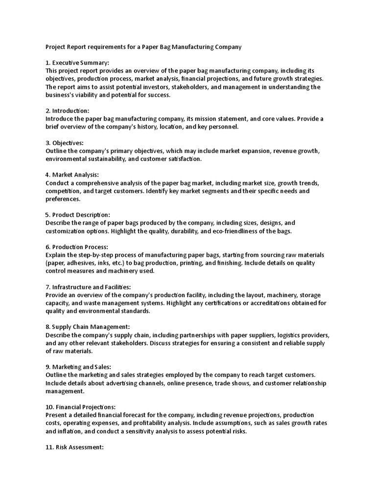 Project Report Requirements For A Paper Bag Manufacturing Company | PDF ...