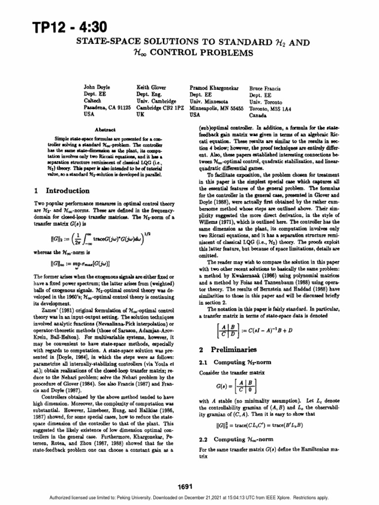 State Space Solutions To Standard H2 And H Control Problems Pdf Eigenvalues And Eigenvectors