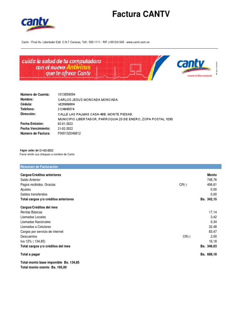 Factura CANTV: Resumen y Pago | PDF