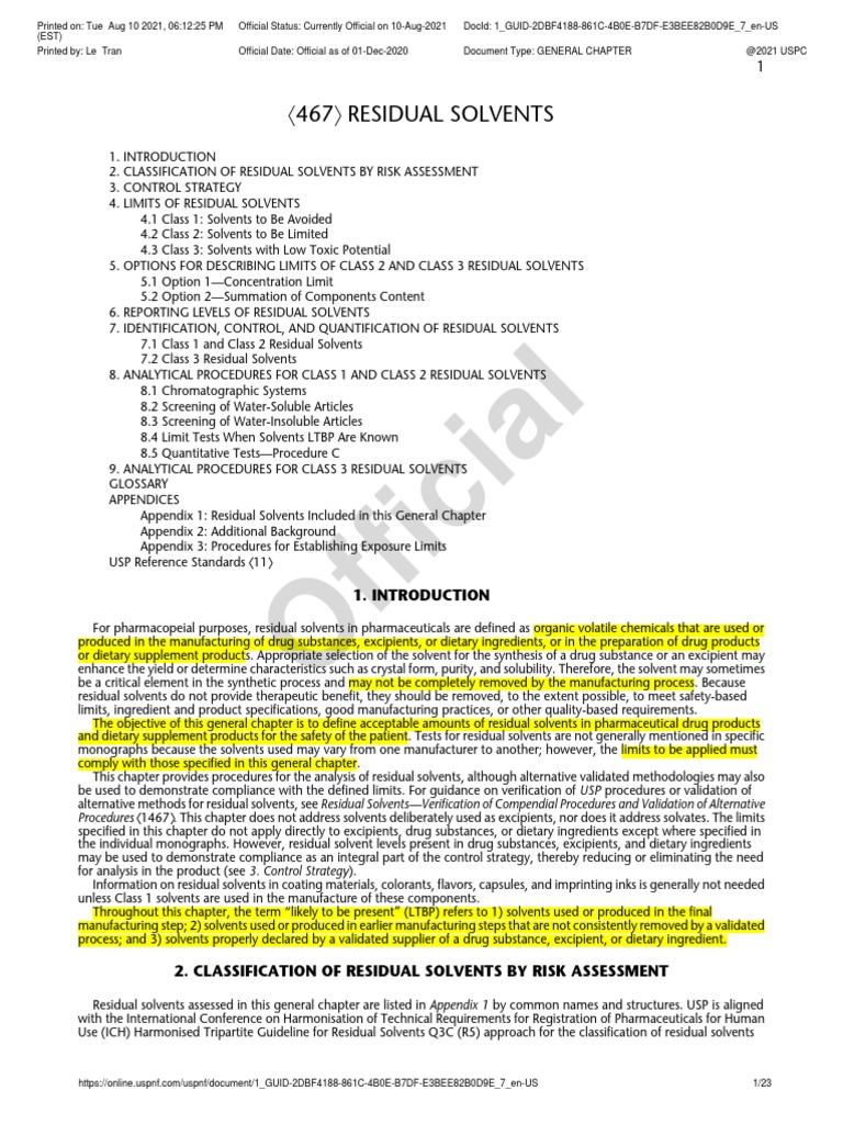 〈467〉 RESIDUAL SOLVENTS | PDF