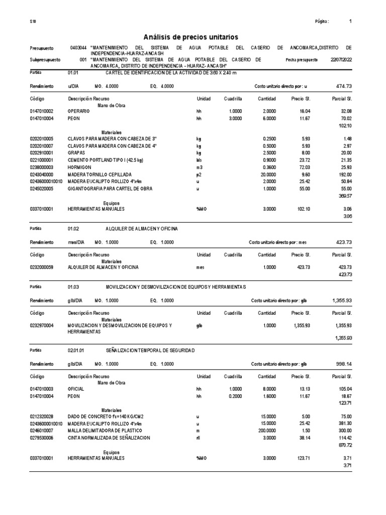Analisis de Precios Unitarios | PDF | Presupuesto | Materiales