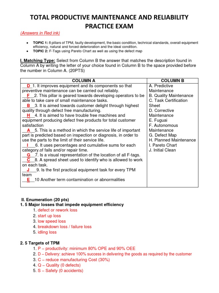 Total Productive Maintenance Practice Exam Notes | PDF