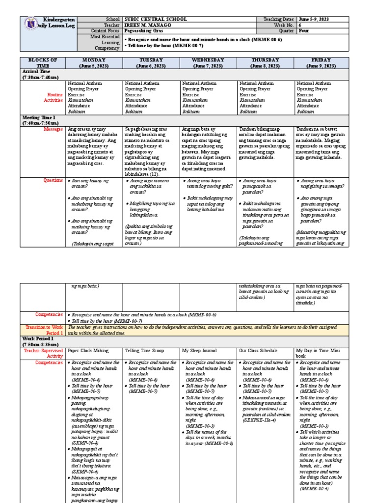 Kindergarten DLL MELC Q4 Week 6 Asf | PDF