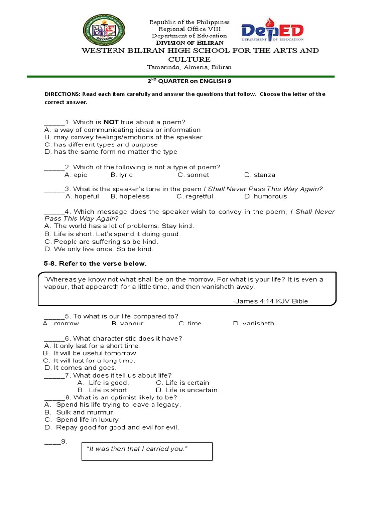 2nd Quarter Exam ENG 9 2023 | PDF | Poetry