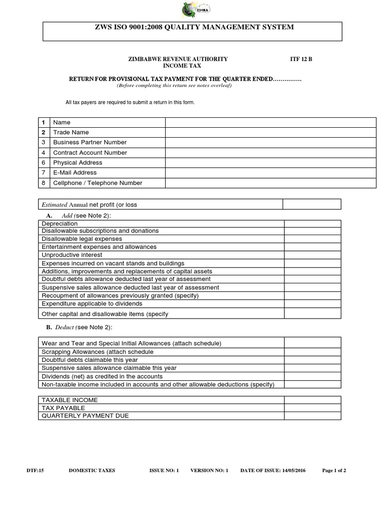 Itf 12b Return For Provisional Tax Payment | PDF