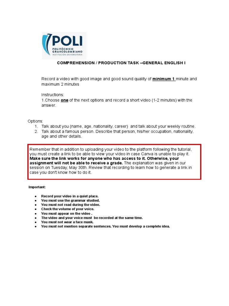 Comprehension and Production Task General English I 2023-1 | PDF