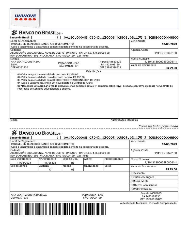 Boleto Uninove | PDF