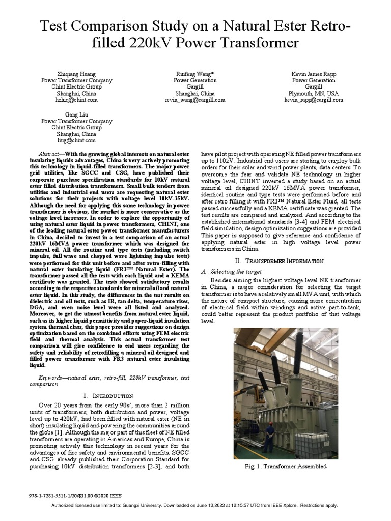 Test Comparison Study On A Natural Ester Retro-Filled 220kV Power ...