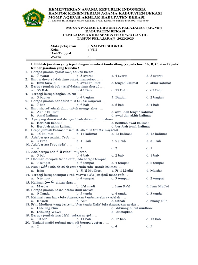 Soal Kelas 8 Nahwu Shorof Pdf