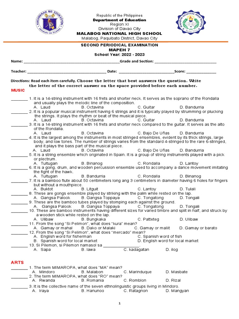 Mapeh G7 Q2 TQ | PDF | Foods | String Instruments