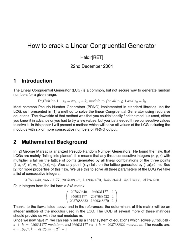 Cracking Linear Congruential Generators | PDF | Determinant | Teaching ...