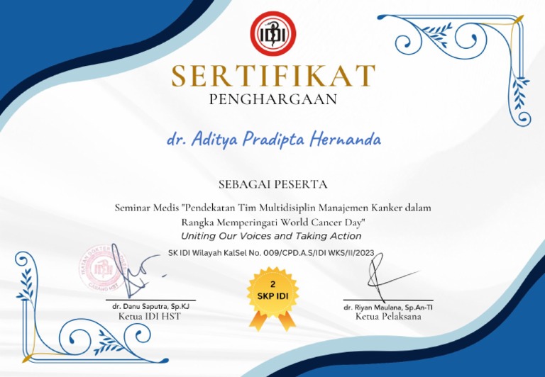 Sertifikat Seminar Dr. Aditya Pradipta Hernanda | PDF