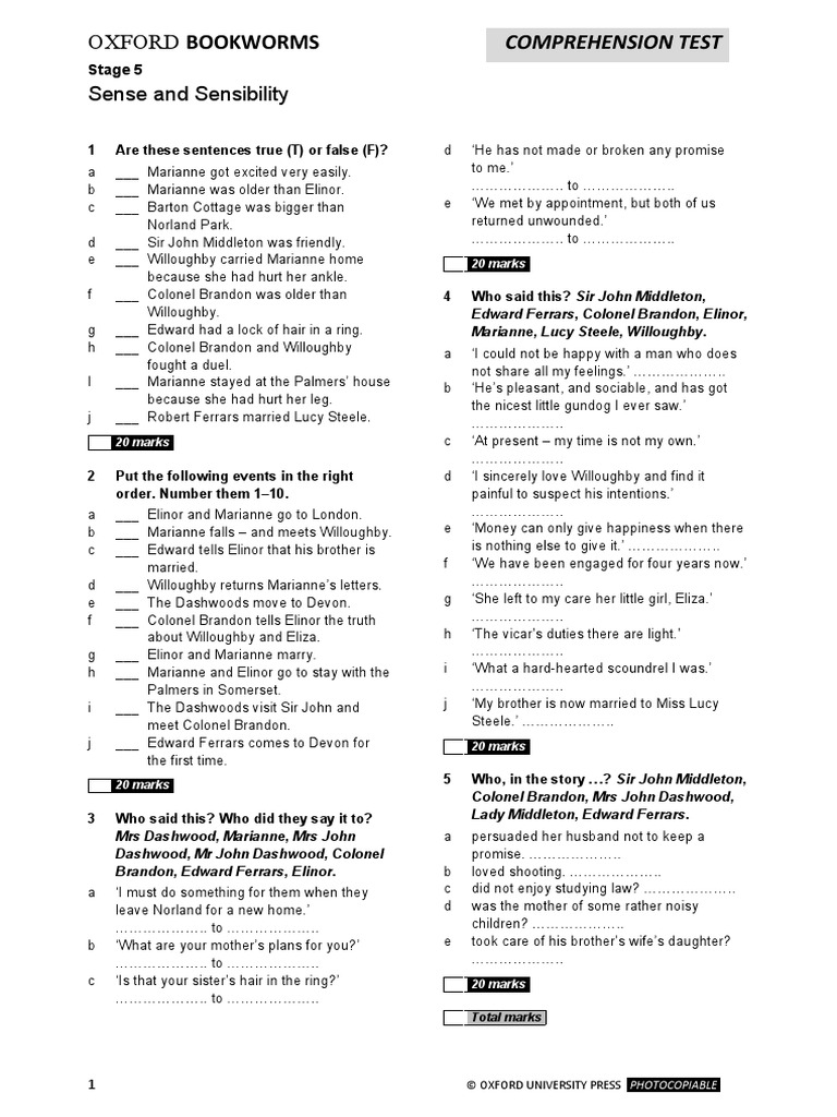 Sense and Sensibility Comprehension Test | PDF