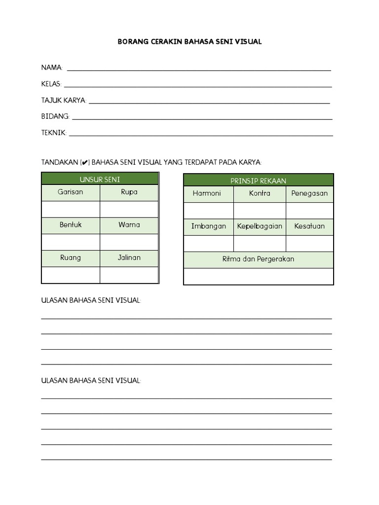 Borang Cerakin Bahasa Seni Visual 2 | PDF