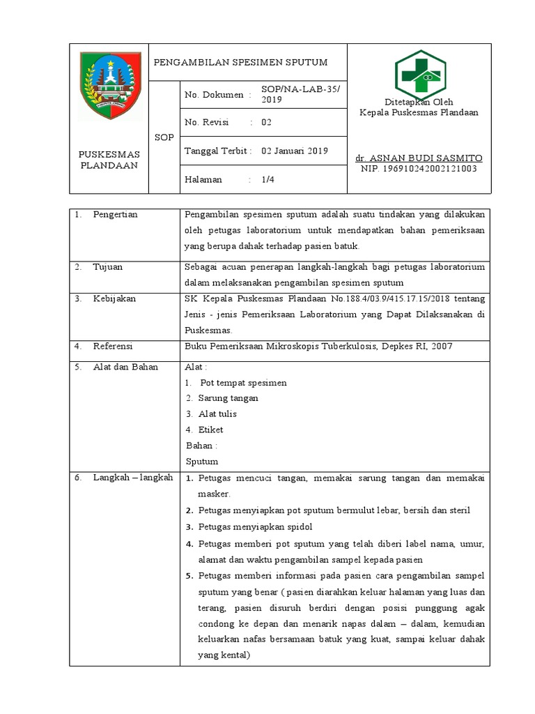 SOP Pengambilan Spesimen Sputum | PDF