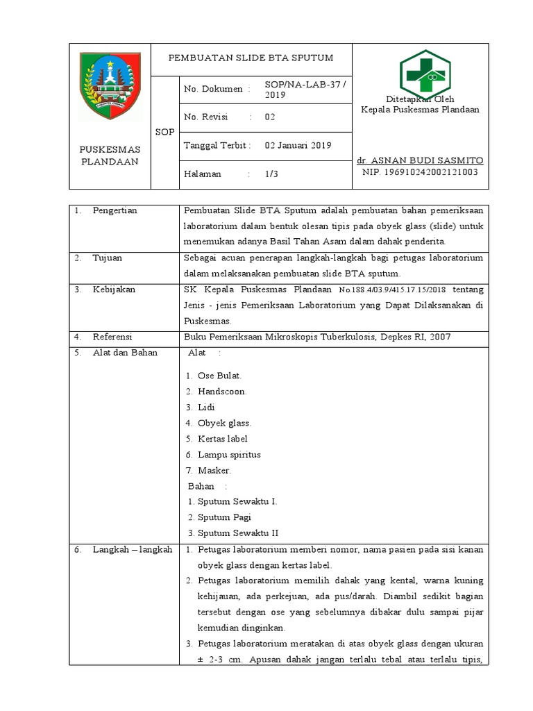 SOP 37 Pembuatan Slide BTA Sputum | PDF