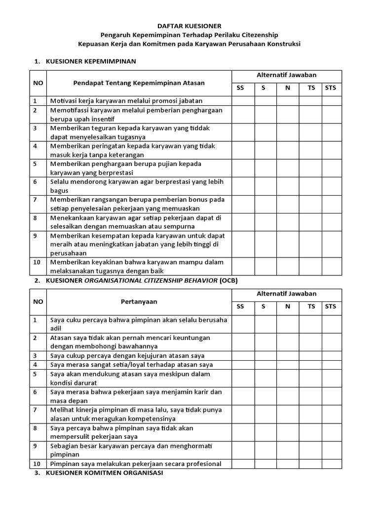 Daftar Kuesioner | PDF