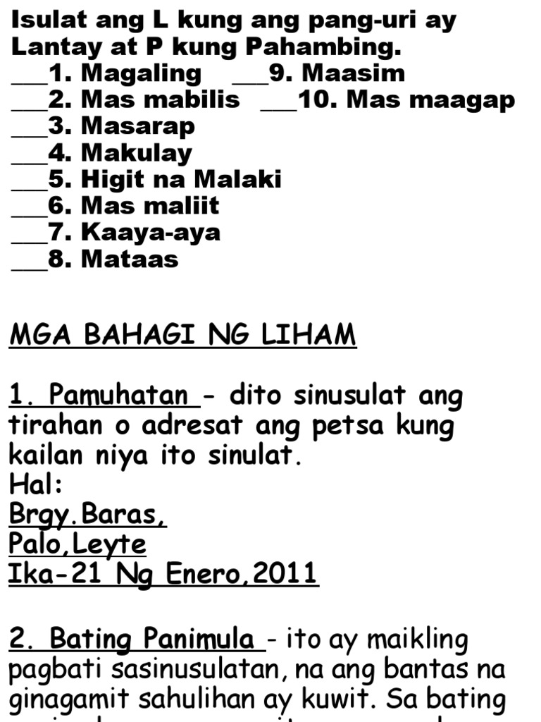 Isulat Ang L Kung Ang Pang-Uri Ay Lantay | PDF