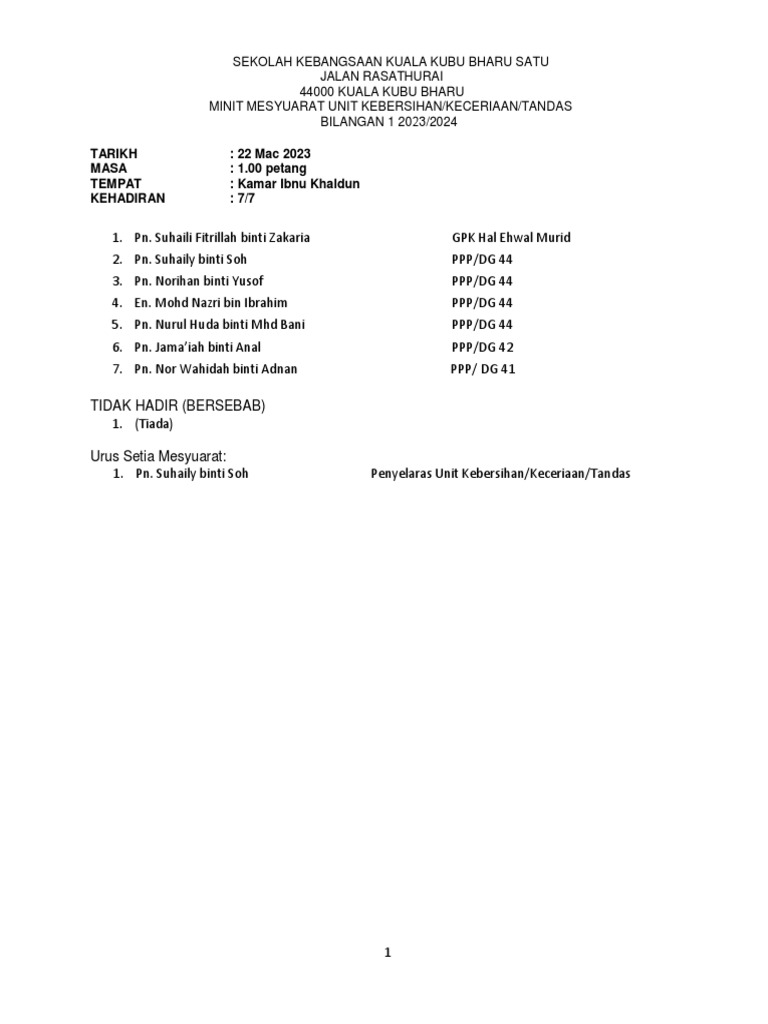 Minit Mesyuarat Hem Unit Kebersihan Keceriaan Tandas | PDF