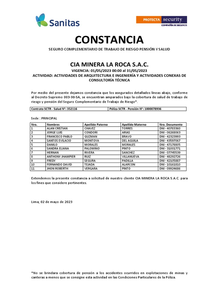 SCTR Constancia Ciamineralarocasac Planilla Mayo 2023 | PDF