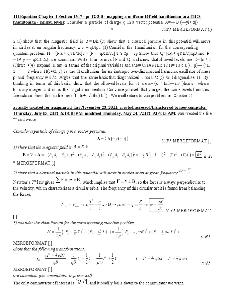 317 - PR 12-3-8 - Mapping A Uniform-B-Field H To A SHO - Landau Levels | PDF | Hamiltonian ...