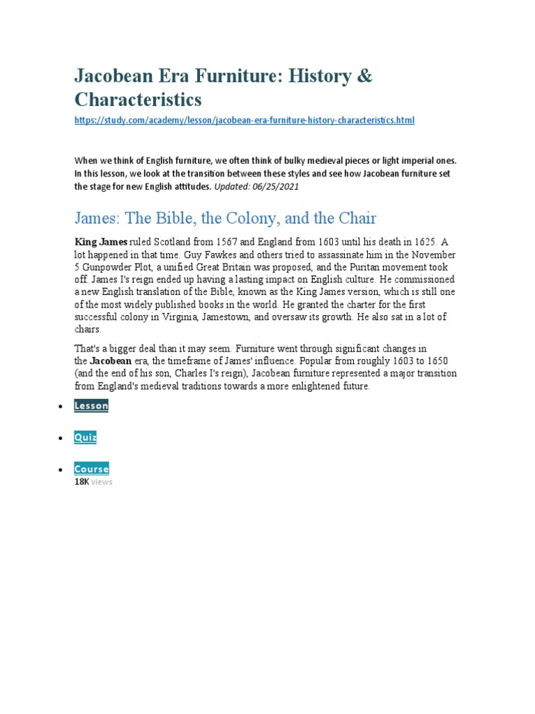 Jacobean Era Furniture Style | PDF | Furniture | James Vi And I