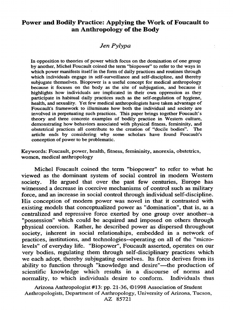 1998 - Pylypa Foucault Antropologia Cuerpo OCR | PDF | Power (Social ...