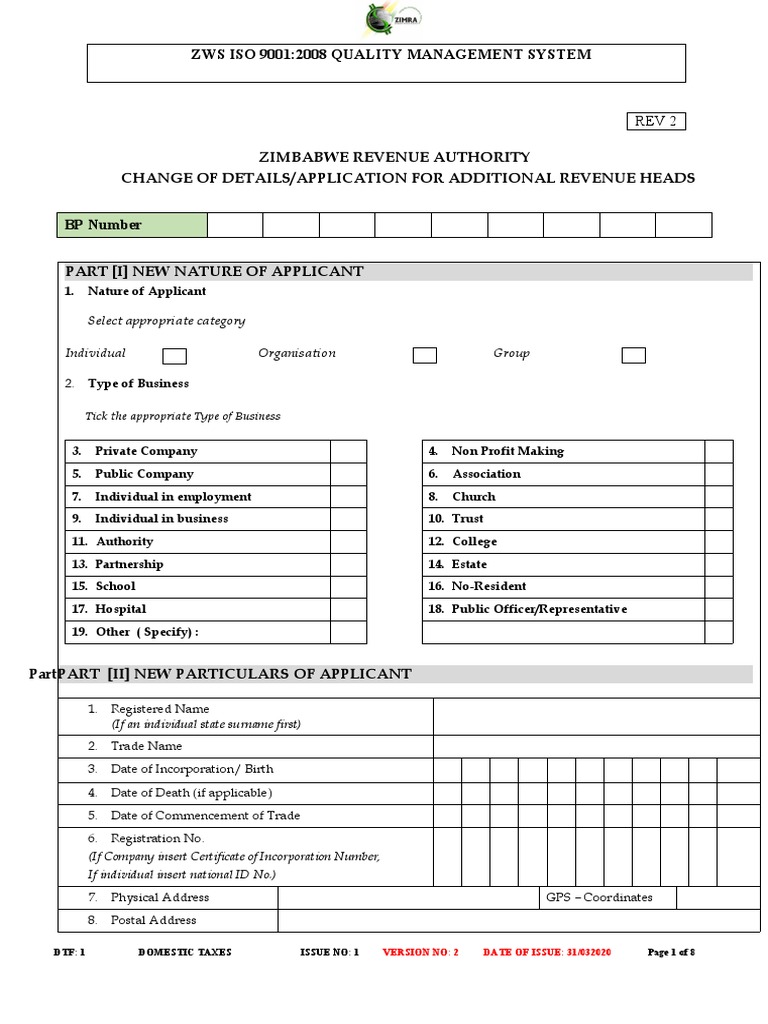 ZIMRA Rev 2 Form for Tax Registration | PDF | Taxes | Value Added Tax