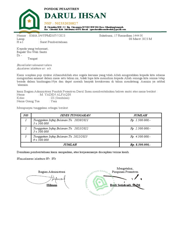 Surat Tagihan Pesantren | PDF