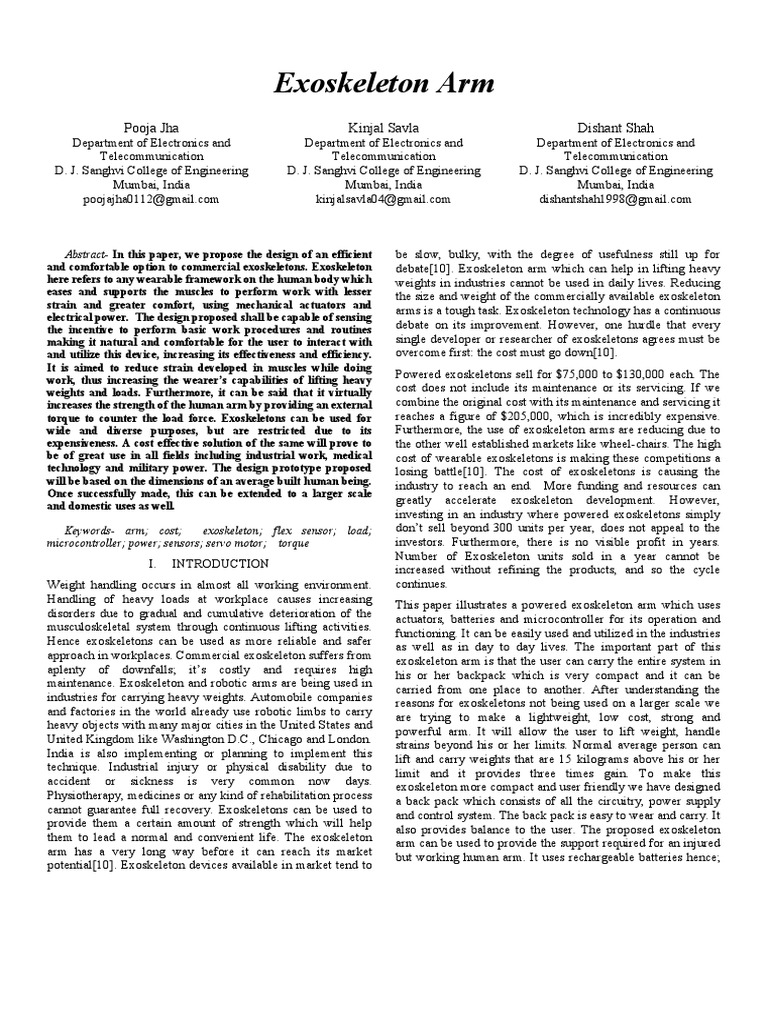 Exoskeleton Arm: Pooja Jha Kinjal Savla Dishant Shah | PDF | Electric ...